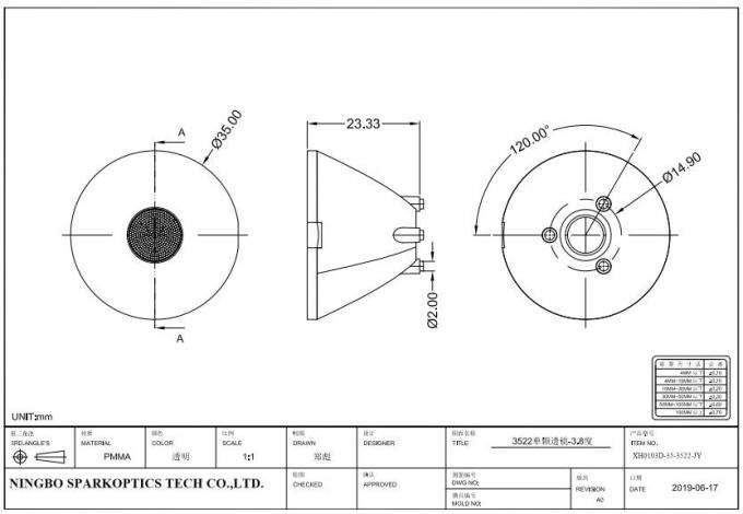 3 Degree TIR NARROW LENS; 35mm Dia. Flashlight 3535 LED Lens
